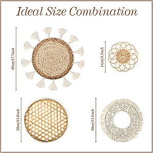 Set of 4 Boho Wall Basket Decor Boho Wall Hanging Decor Rattan Macrame Decor Flat Round Wicker Woven Macrame Tassels Tapestry Bamboo Wall Basket Handmade Serving Tray Art for Room Bedroom Living Room