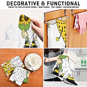 Kigai Kitchen Towels Set of 4, Cute Gnome and Sunflower Highly Absorbent Dish Towels Reusable Cleaning Cloths Washable Tea Towels Hand Towel 28 x 18 Inch