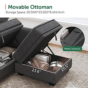 HONBAY U Shaped Sectional Couch with Storage Seat, Reversible Chaise, Convertible for Living Room, Dark Grey