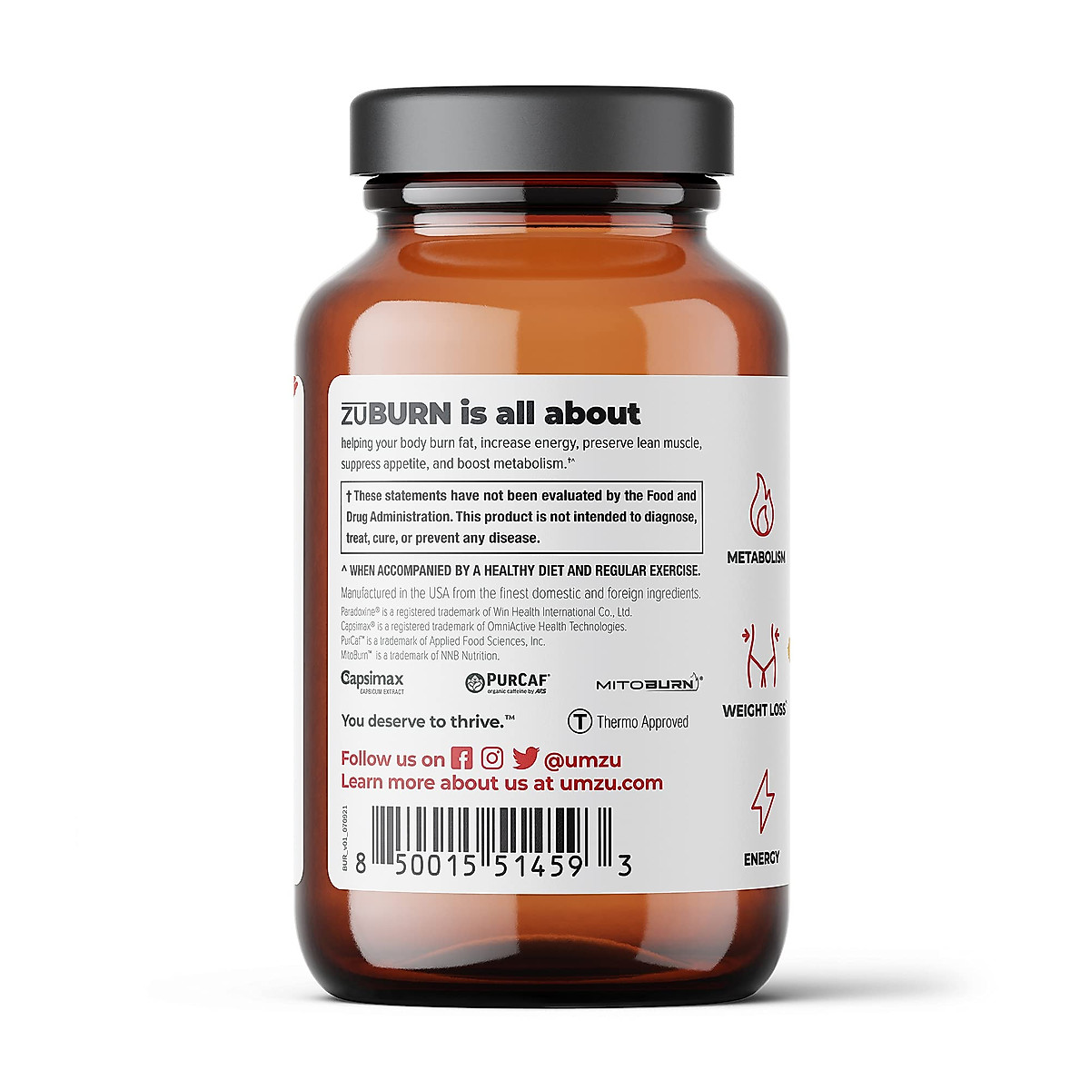 UMZU ZuBurn Thermogenic Fat Burner Supplement for a Healthy Body Composition | Natural Ingredients to Support Metabolism, Increase Calorie Burn & Reduce Body Fat* (30 Day Supply | 60 Capsules)