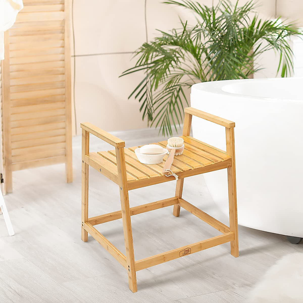 OasisCraft Bamboo Shower Bench, 22" Shower Chair with Free Soap Dish, Waterproof Wood Spa Bath Seat with Arms Wooden Bathroom Stool Shower Seat for Indoor Outdoor