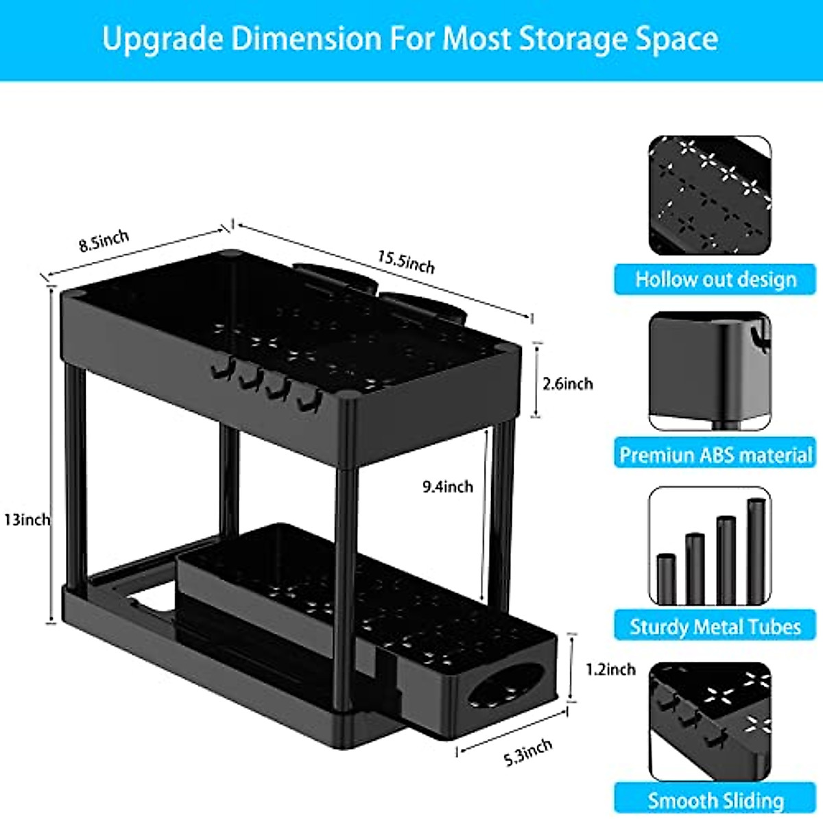 Sliding Under Sink Organizers and Storage, Mutsrd 2 Tier Pull Out Cabinet Organizer Basket, Under Sink Drawer Organizer with Hooks, Hanging Cups for Kitchen Bathroom