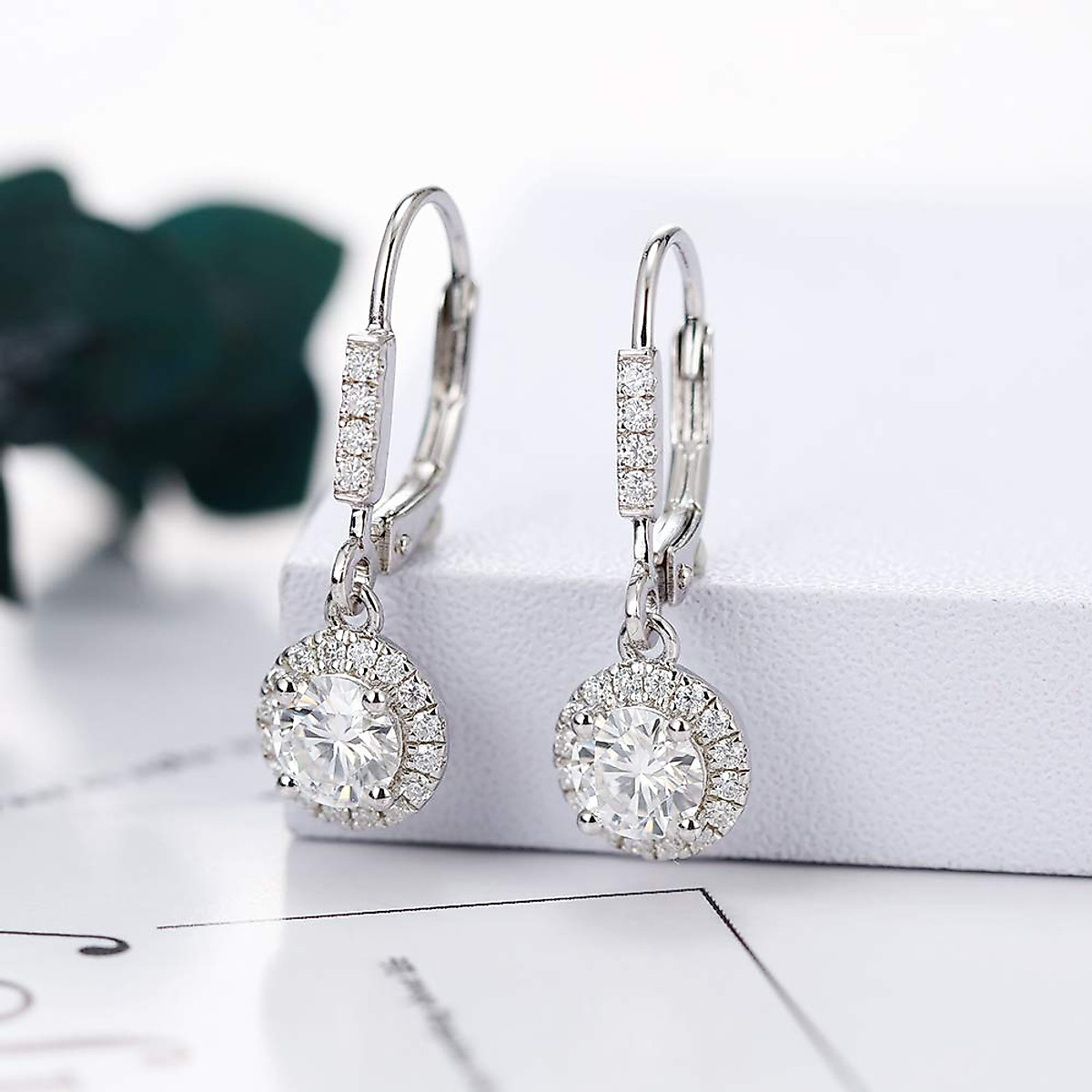 DovEggs 1ct 5mm G-H-I Color Moissanite Halo Leverback Drop Hoop Earring with Accents 14K Gold QUALITY Silver Earrings for Women