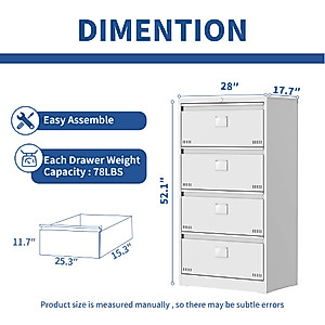 Lateral File Cabinet 4 Drawer Metal Filing Cabinets for Home Office, White File Storage Cabinet with Lock for Letter/Legal A4 Size, Locking Horizontal Filing Cabinet with Card Slot