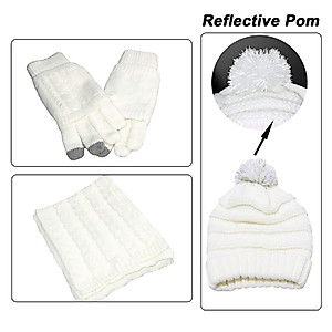 Warm Scarf Glove Hat Beanie Set - Cable Knit Winter Gift Set Pom Cap Touch Screen Glove Long Scarf 3 PCS Set for Women
