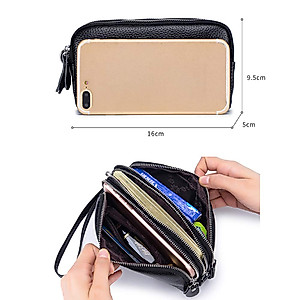 NIGEDU Women Long Wallet Genuine Leather 3-Layer Zipper Purse Bag Phone Bag Money Purses Clutch Wallets with Wrist Strap (Black)