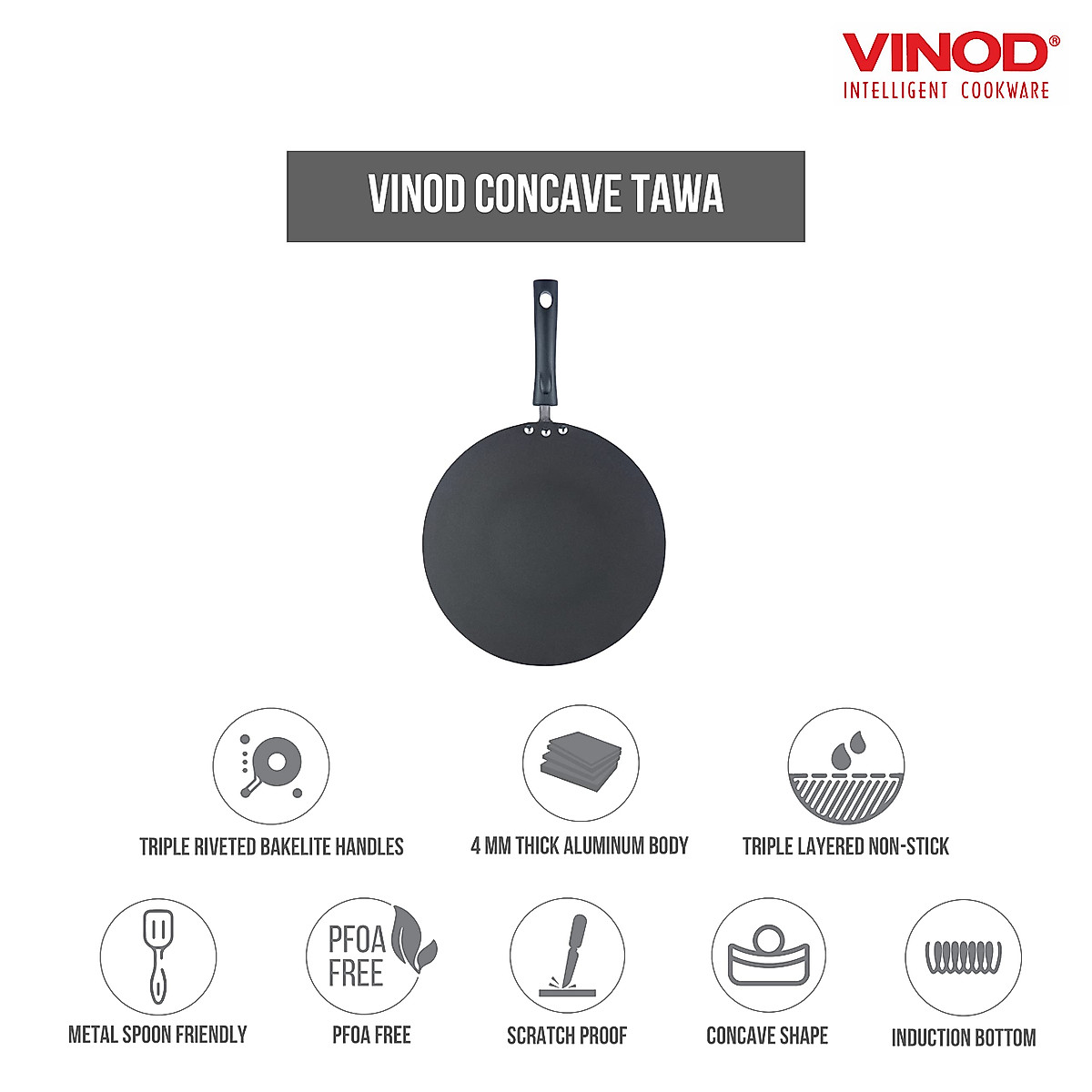 Vinod 25 cm Nonstick Induction Concave Tawa, 10"