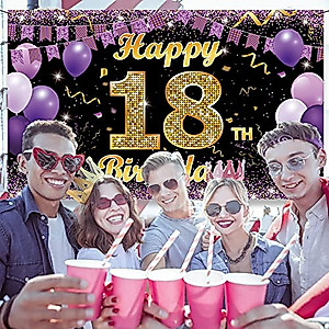 18th Birthday Decoration Backdrop Banner, Happy 18th Birthday Decorations for Girls, Gold Purple 18 Birthday Party Photo Booth Props, 18th Birthday Poster Sign for Her, Fabric 6.1ft x 3.6ft Vicycaty