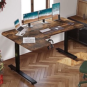 BUNOEM L-Shaped 59" Height Adjustable Electric Standing Desk, Sit and Stand Up Home Office Computer Desk with Splice Board (Rustic Brown Top, Black Frame)