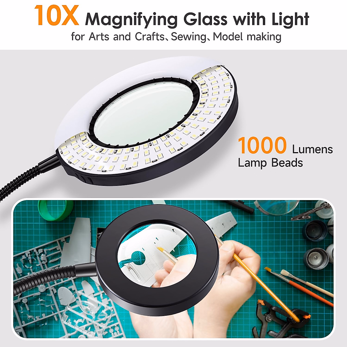 Magnifying Glass with Light 5X, 9w Clip on Light, 48 LED Desk Lamp wtih Clamp Light, 3 Modes Dimmable Magnifying Lamp, LED Desk Light, Clamp Lamp, Clip on Lamps for Bed Desk Work Crafts Workbench