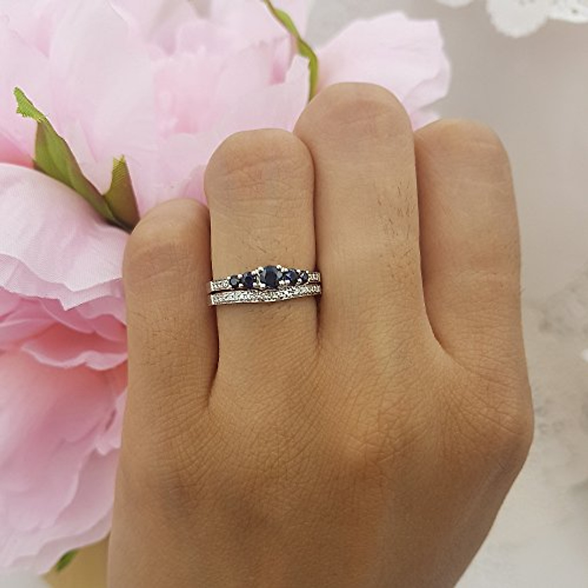 Dazzlingrock Collection 10K Blue Sapphire & White Diamond Women 5 Stone Bridal Engagement Ring Set, White Gold, Size 7