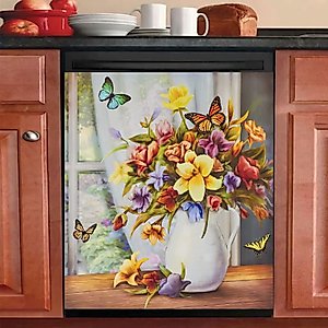 Mahar Colorful Butterflies and Floral Bouquet Kitchen Dishwasher Sticker Magnet Cover Flower Magnetic Refrigerator Home Decor Vinyl Decal 23 W x 26 H, 23Wx26H