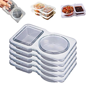 Double Compartment Condiment Container, 2 Compartment Snack Containers, Double Condiment Containers with Lids, Reusable Snack Container for Condiments or Dips, Clear Plastic Portion (5)