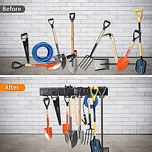 Garage Tool Storage Rack, 48 Inch Adjustable Garage Organizer Wall Mounted 11 PCS Garage Storage with 8 Hooks, Super Heavy Duty Garden Tool Hanger for Shovels, Rake Shovel Yard Tools，Hold Up to 450lbs