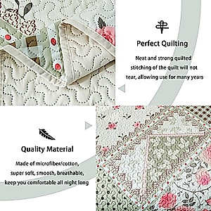 zhuzai 3 Piece Patchwork Quilt Set Full/Queen Size, Green Plaid Floral Bedspread Lightweight Reversible Microfiber Bedding with 2 Shams Shabby Chic Rose Comforter for All Season, 90''x96''