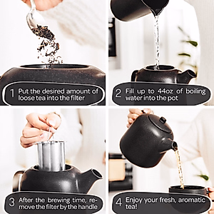 Steinzeit Design Tea Pot (44 oz) - Premium Ceramic Teapot with Infuser for Loose Tea - Black Teapot Ceramic with Removable Strainer