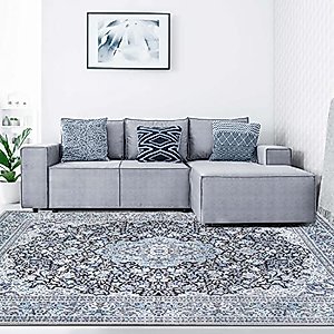 SUPERIOR Indoor Large Area Rug, Farmhouse Home Throw for Bedroom, Office, Living Room, Dining/Kitchen, Entry, Floral Medallion Floor Decor, Cotton Backed, Fiorella Collection, 10' x 14', Azure