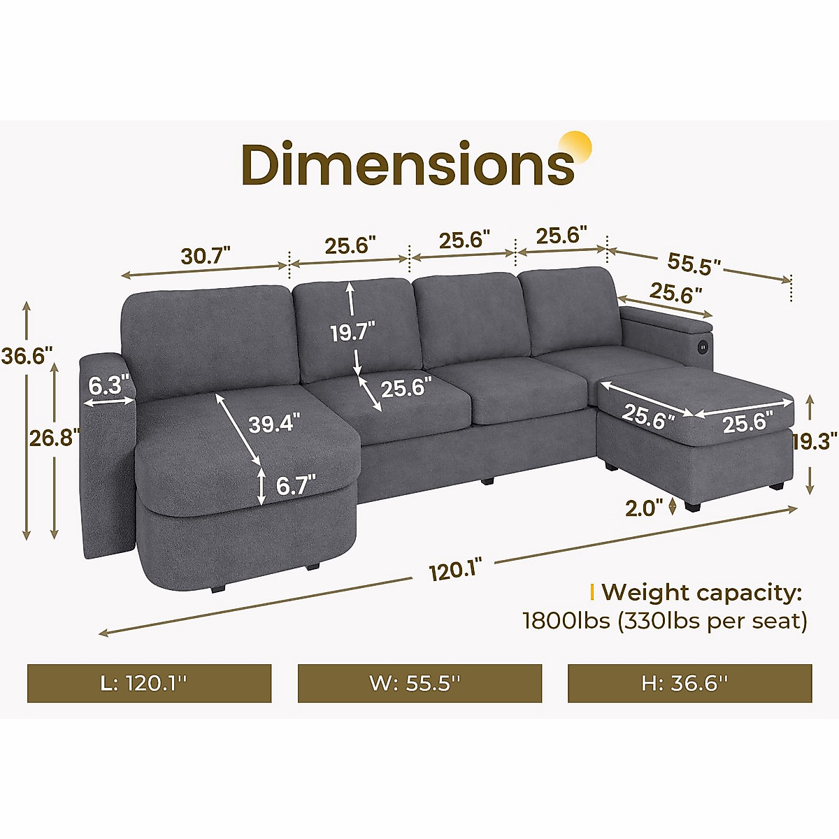 SEDETA U Shaped Couch, Sectional Sofa Couch with Storage Seat, Chenille Dark Grey