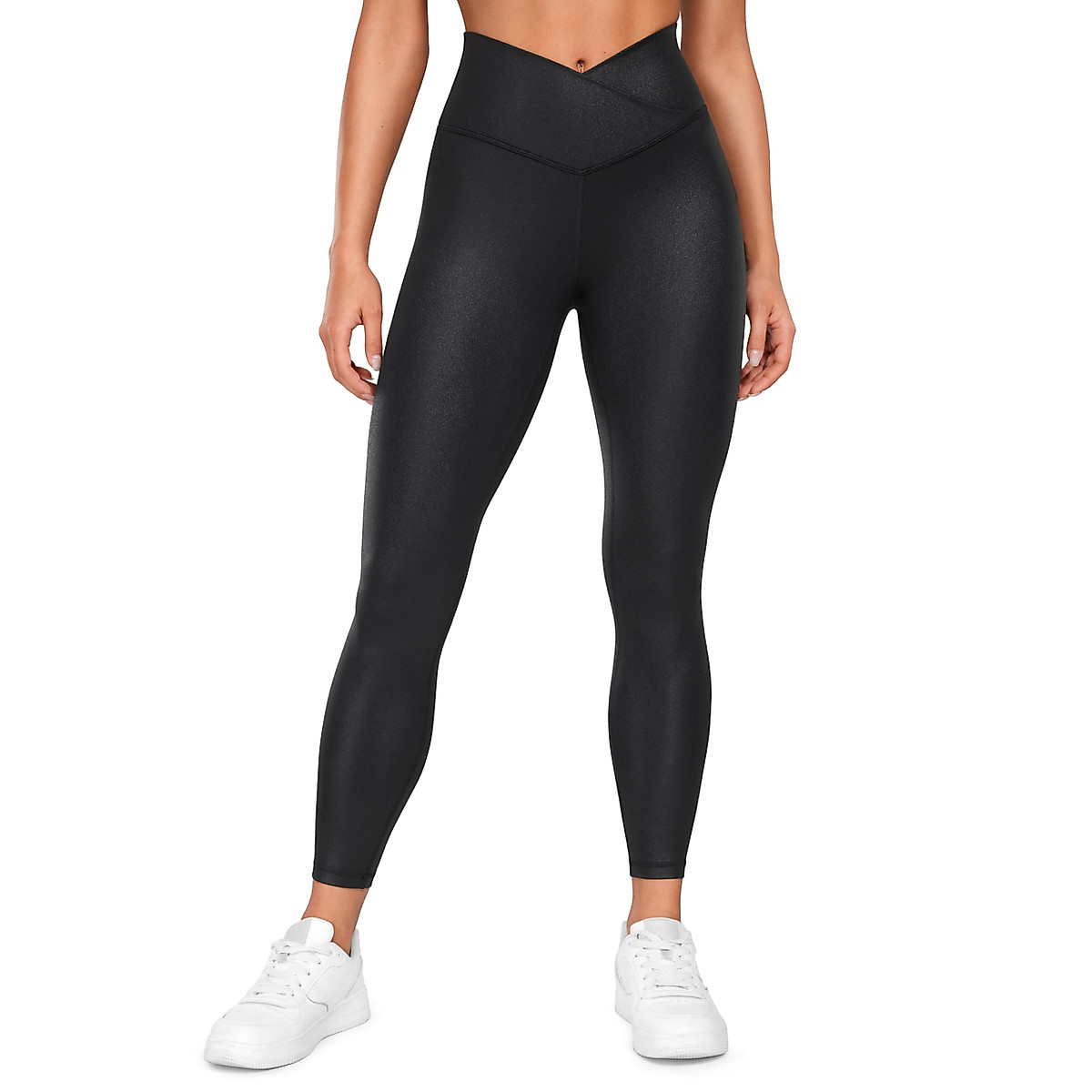 CRZ YOGA Womens Butterluxe Matte Faux Leather Cross Waist Leggings 25" - V Crossover High Waisted Lounge Leggings Black Classic Medium