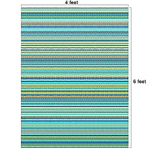 JBGO Outdoor Rug,Patio Rug,4' x 6' Reversible Woven Lightweight Large Plastic Striped Stain Proof Indoor Area Runner Mat for Deck Patio Camping Beach Picnic BBQ (Turquoise Blue Stripes)