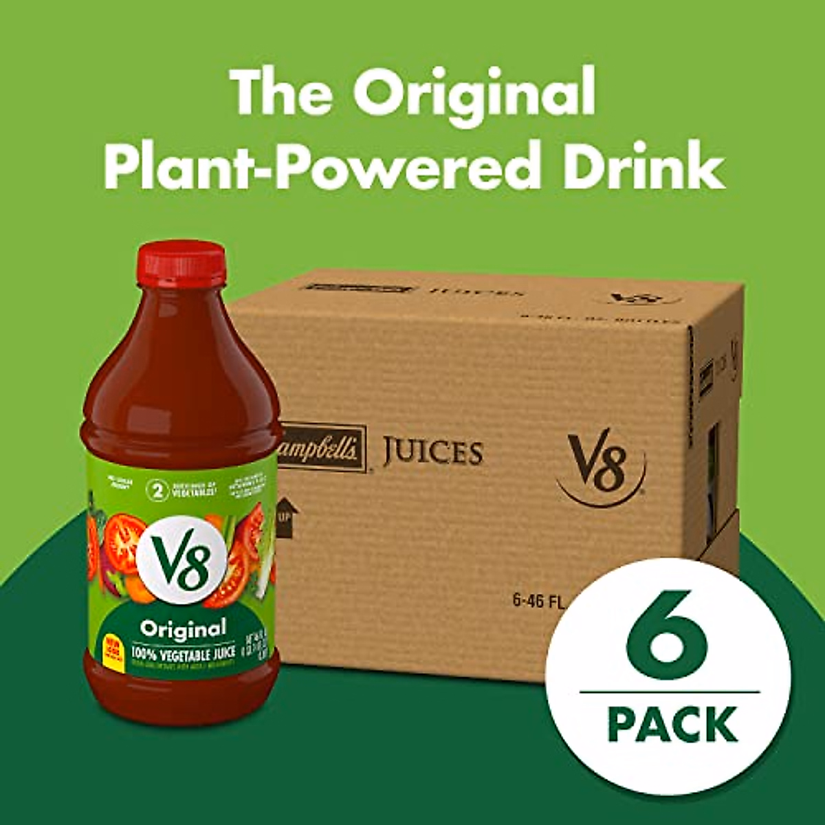V8 Original 100% Vegetable Juice, Vegetable Blend with Tomato Juice, 46 FL OZ Bottle (Pack of 6)