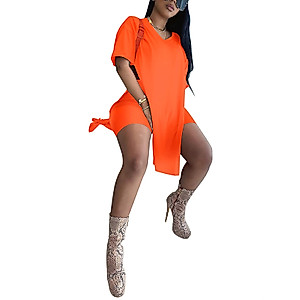qfmqkpi Ladies Oversized Two Piece Outfits Dropped Shoulder Short Sleeve Side Slit T-Shirt Tight Pants Sweatsuits Orange XXL