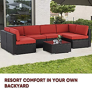 SUNCROWN 7-Piece Outdoor Patio Furniture Sofa Set - All-Weather Wicker Sectional with Washable Cushions and Modern Glass Coffee Table - Red