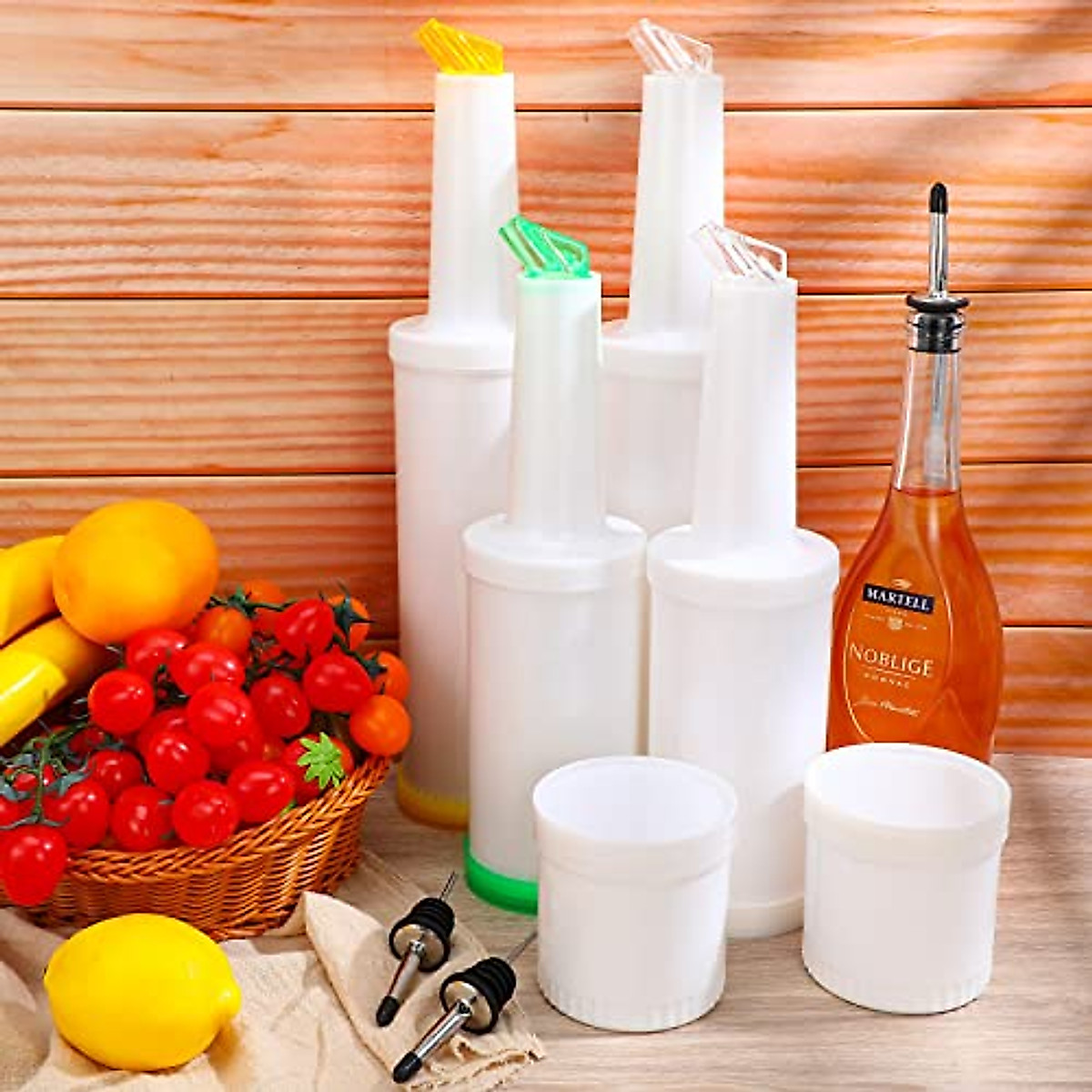 6 Sets Fruit Juice Pour Bottles with 8 Pieces Tapered Spout Bottle Pourers 50.73 oz 33.82 oz 16.91 oz Multi Color Juice Container Plastic Bartender Accessories for Juice Drink Wine Bar Store Supplies