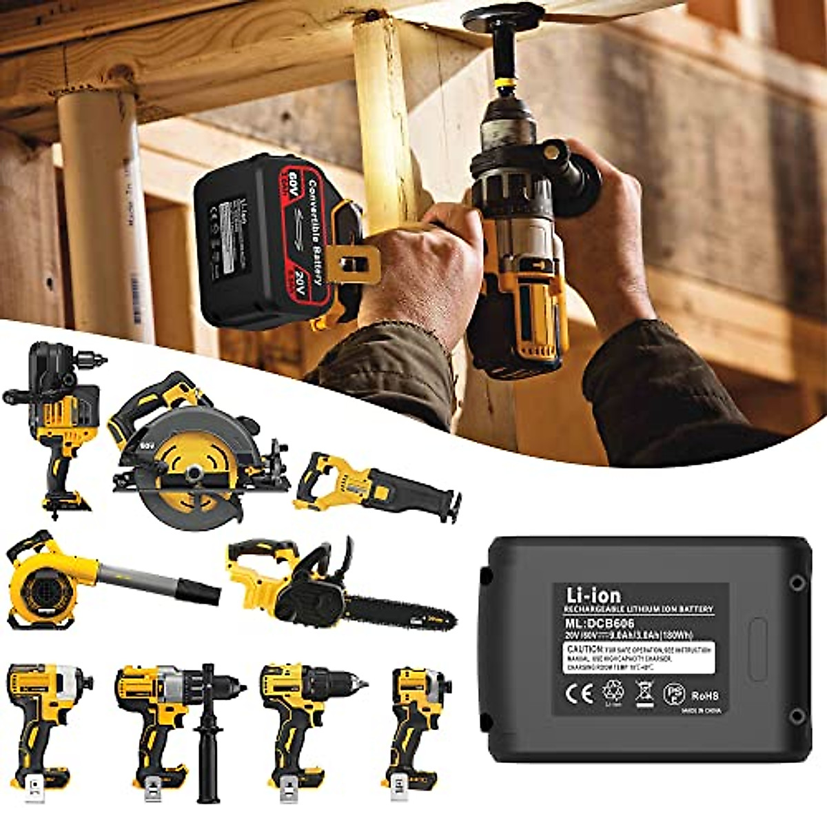 CHAUNVEN 9.0Ah DCB606 Battery Replacement for Dewalt 20V / 60V / 120V Battery MAX DCB606 DCB609 DCB612 Cordless Power Tools Battery