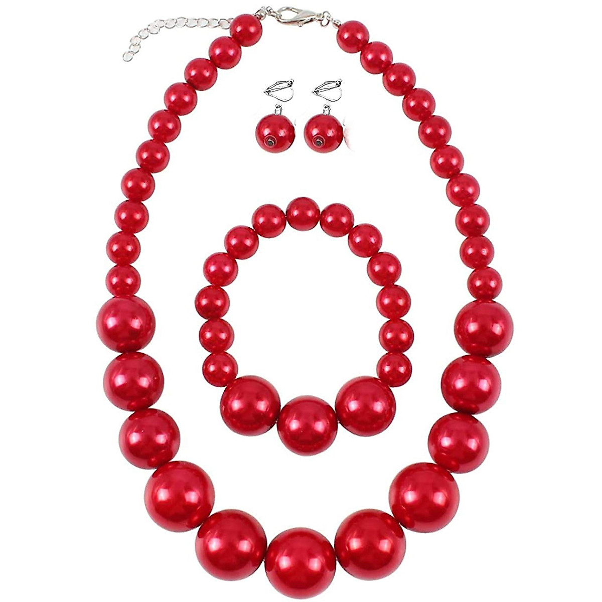 GRACE JUN Bridal Wedding Faux Pearl Statement Necklace and Clip on Earrings Bracelet Jewelry Sets Women Bib Choker Necklace (Red-Necklace+Bracelet+Clip Earrings)