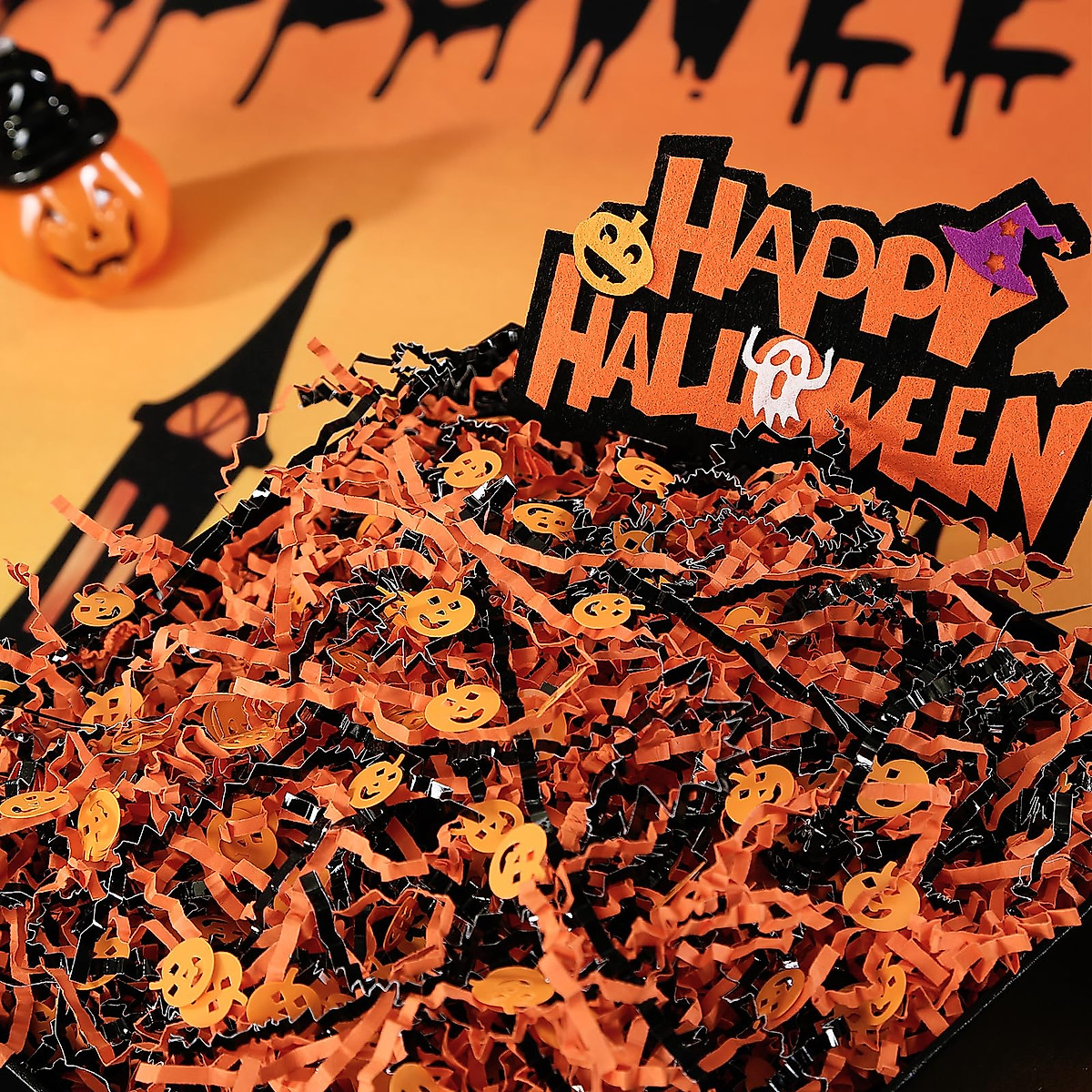 UNIQOOO 1LB Halloween Crinkle Cut Paper, Metallic Black Orange Shredded Paper Raffia Filler w/Pumpkin Confetti, Trick or Treat Candy Gift Basket Box Craft Bedding Cushion, Birthday Party Packaging