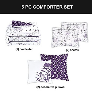 Boho Living – Comforter Set , Fresh Meadow Full/Queen Bedding , 5 Piece Set , Includes Reversible Comforter, 2 Decorative Pillows & 2 Pillow Shams , Polyester , Microfiber , Bedroom Décor , Lilac