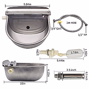 Automatic Animal Waterer Bowl with Float Valve, 304 Stainless Steel Automatic Livestock Drinking Water Trough Kit Includes Water Bowl, 2 Hoses,2 Float valves & Mounting Bolts