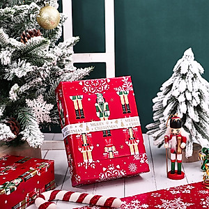 WRAPAHOLIC Reversible Nutcracker Christmas Wrapping Paper - Mini Roll - 17 Inch x 33 Feet - Red Nutcracker and Snowflake Design for Christmas, Holiday, Party Celebration