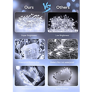 Outdoor Fairy Lights Battery Operated, 2 Pack Twinkle String Lights with Remote, 5 Feet 60 LEDs Firecracker Starry Lights for DIY Wreath Wedding Party Bedroom Mason Jar Holiday Christmas, Pure White