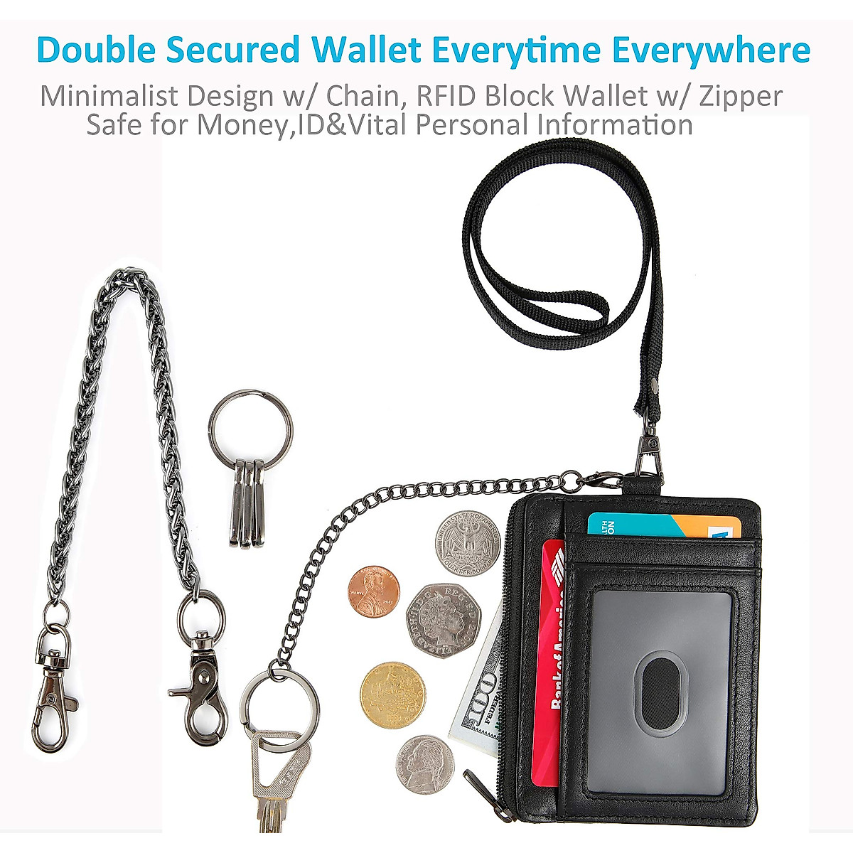 UTreers Chain Wallet Men Minimalist RFID Wallet Biker Trucker Travel Badge Holder Zipper