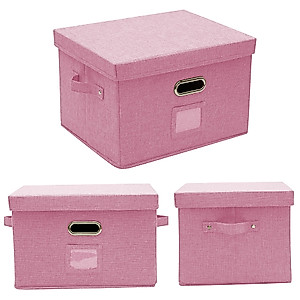 JSungo File Box with 5 Hanging Filing Folders, Document Organizer Storage for Office, Collapsible Linen Storage Box with Lids, Home Portable Storage with Handle, Letter Size Legal Folder, Pink