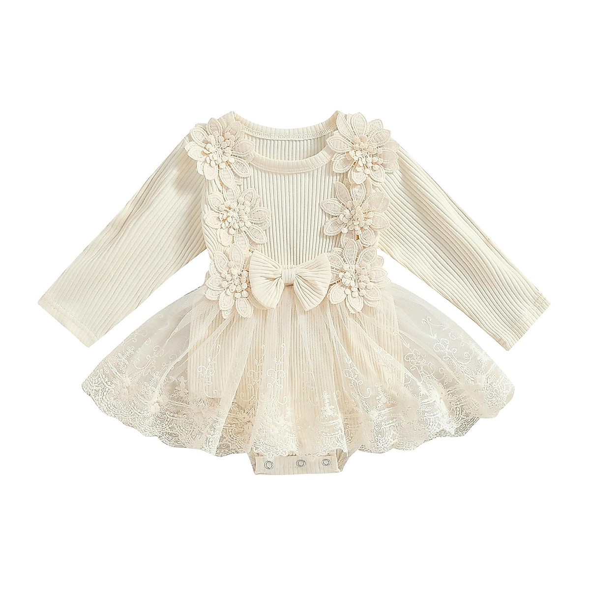 Newborn Lace Tutu Romper Dress Baby Girl Long Sleeve Princess Tulle Dress Infant 3D Floral Onesie Photography Fall Outfits (Apricot, 3-6 Months)