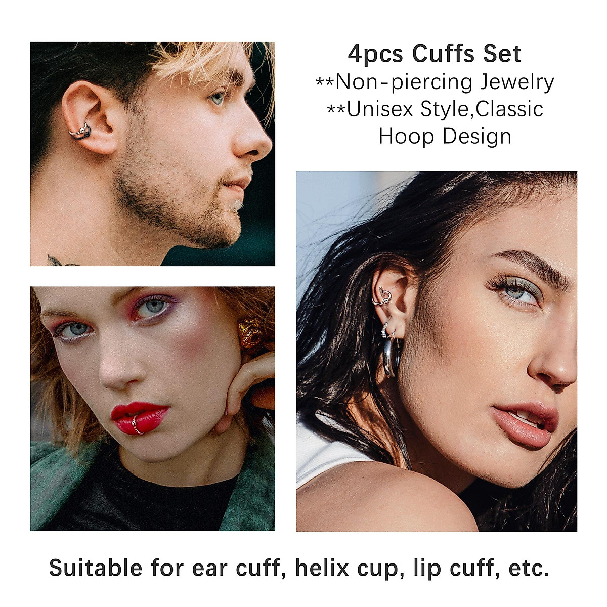 Jovivi 2 pairs 16g Stainless Steel Fake Lip Ear Nose Stud Ring Clip On Cartilage Non Piercing Rings Hoop Gothic