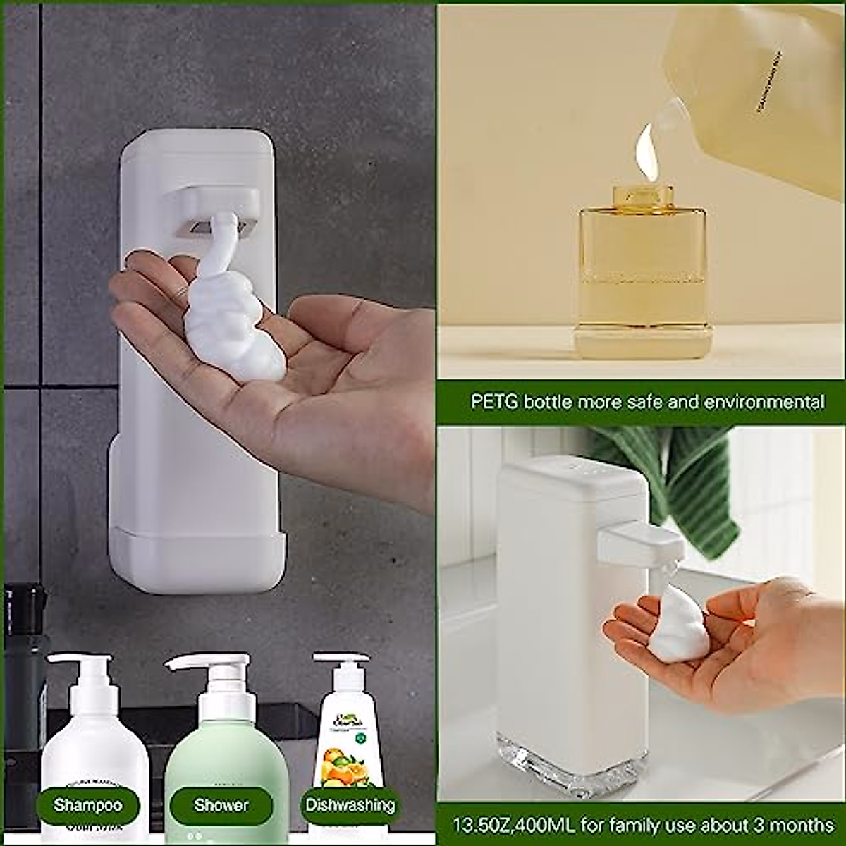 QANYI Automatic Foaming Soap Dispenser, USB Rechargeable Auto Sensor 3 Gear Foam Adjustable, 13.5oz/400ML PETG+ABS Wall Mount Soap Dispenser, Touchless Hand & Dish Soap Pump for Bathroom, Kitchen
