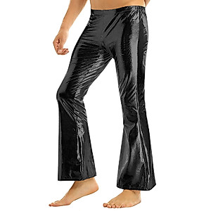 Hedmy Men's Shiny Faux Leather Disco Trousers Bell Bottoms Flared Long Pants Motorcycle Leggings Black Large