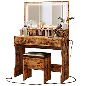 IRONCK Vanity Desk Set with LED Lighted Mirror & Power Outlet, Makeup Vanity Table with 4 Drawers,Storage Bench,for Bedroom, Bathroom, Vintage Brown