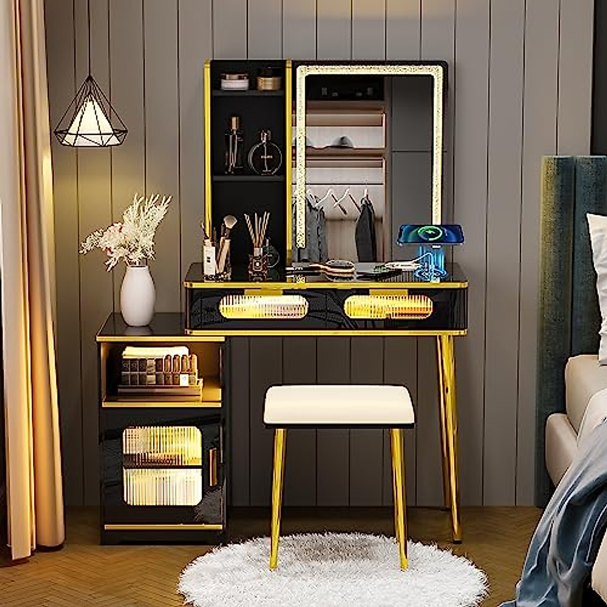 HNEBC Vanity Desk with Mirror and Lights,White Vanity Set with USB&Type-C&Wireless Charging,Makeup Vanity with Drawers/Stool, Voice Control Switch Vanity Makeup Desk for Bedroom&Dressing Room,Black