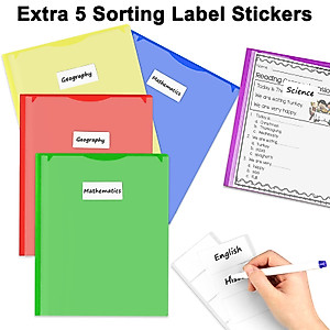 Sooez 5 PCS Colored Folders with Pockets, Customizable Cover Plastic Folders with Pockets, 2 Pocket Plastic Folders with 5 Extra Label Stickers, Durable Plastic Folders for School, Office and Home