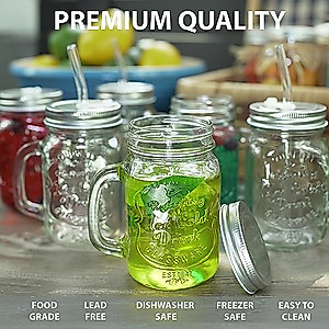 Pinkrella Mason Drinking Jars, 16 oz Glass Mugs Set of 6 with Handles, Airtight & Straw Lids, Glass Straws, Cleaning Brushes