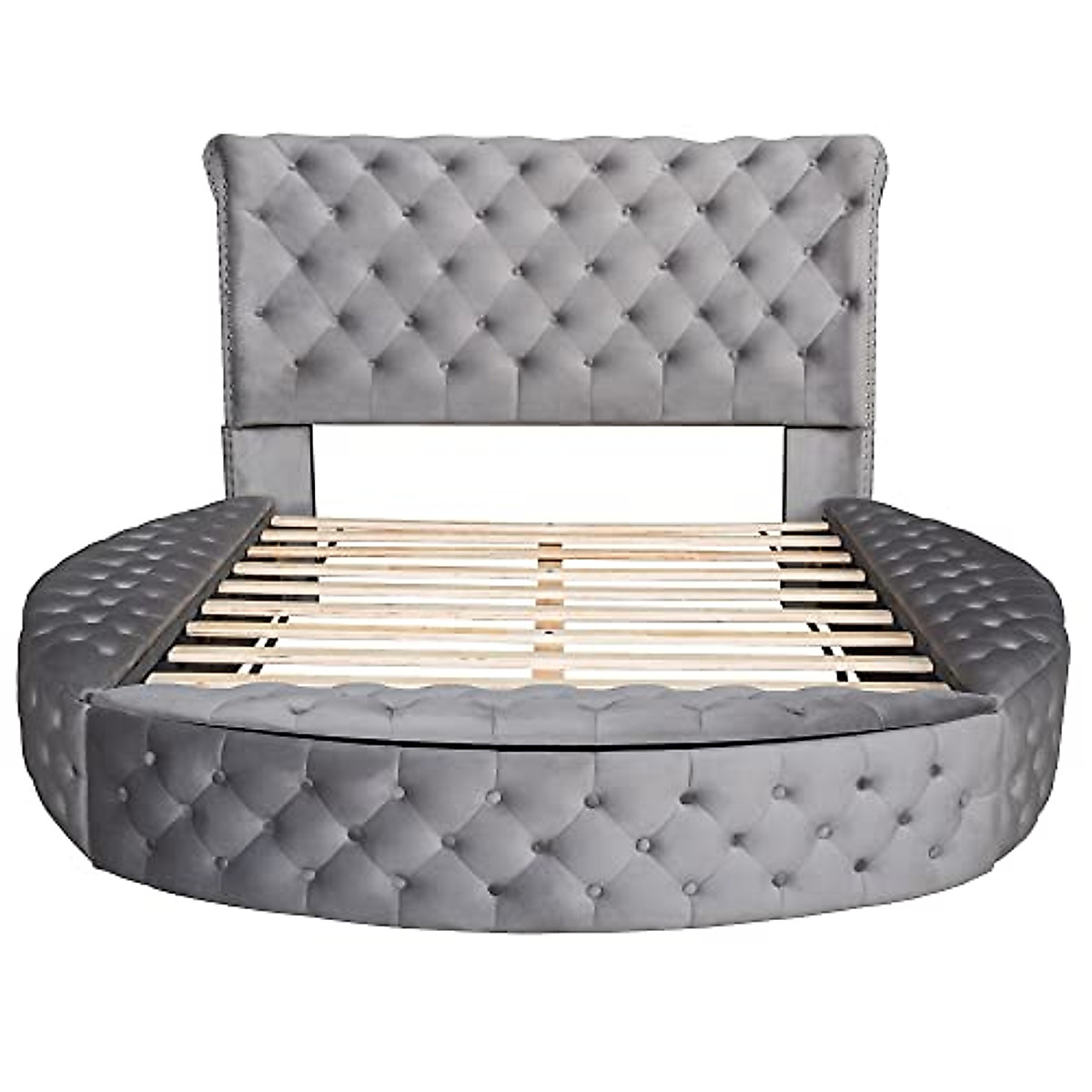 Harper & Bright Designs Full Size Upholstered Bed with Storage and Headboard, Round Shape Upholstery Platform Bed, Low Profile Design, Gray