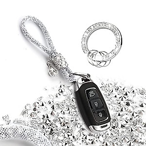 cueclue 1 PC Car Bling Rhinestone Key Chain, Crystal Car Key Chain for Women, Fashionable Keychain Ring Accessories (Silver)
