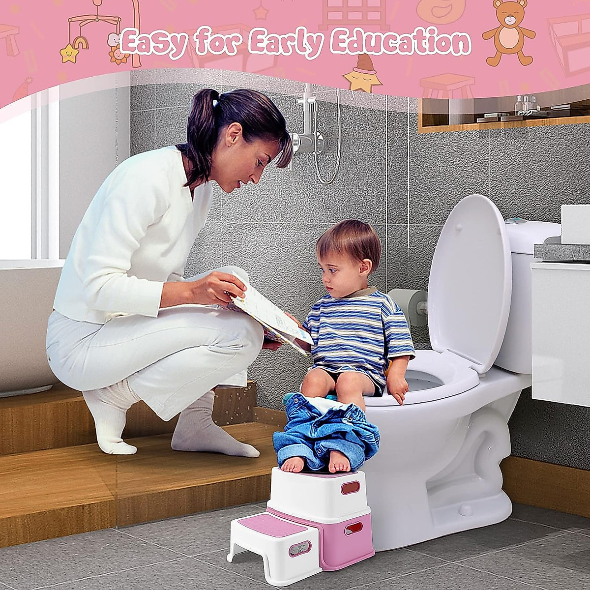2 Step Stools for Kids, Anti-Slip Toddler Step Stool for Bathroom Sink, Two Step Stool for Toddlers Toilet Potty Training, Toddler Stool for Kitchen Counter Bedroom, Pink