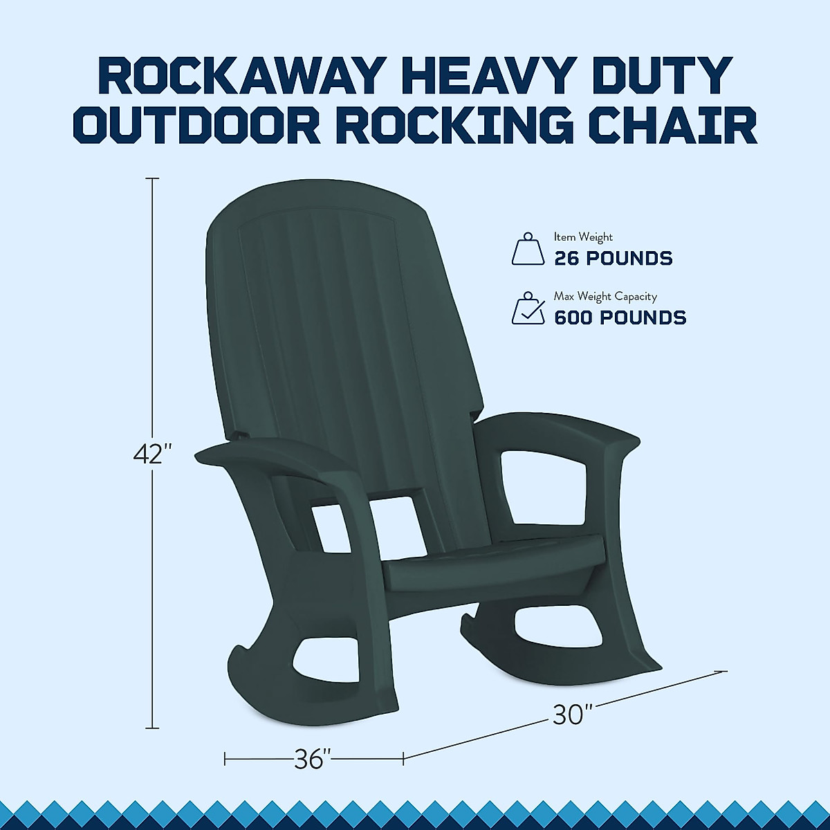 Semco Plastics Rockaway Heavy Duty Polyethylene All Weather Outdoor Rocking Chair with Backrest and Armrests for Porch, Deck and Patio, Green