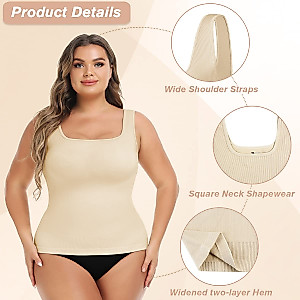 TDIFFUN Women's 3 Piece Shapewear Tank Tops Tummy Control Seamless Ribbed Square Neck Compression Body Shaper Top - Black White Nude M/L